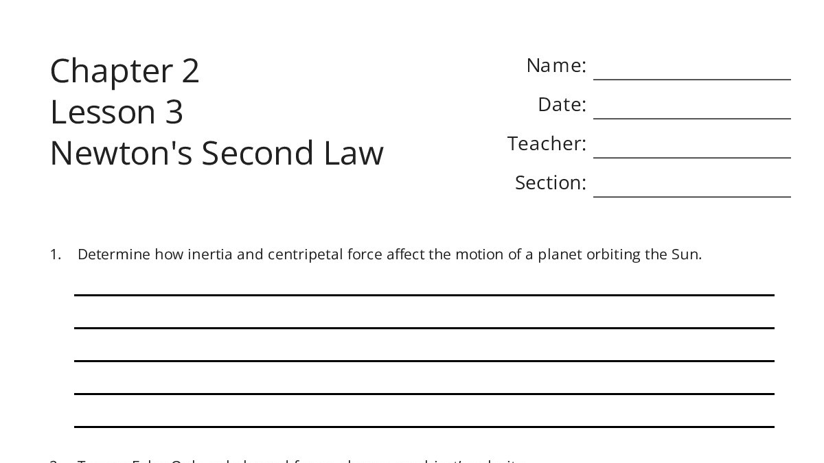 Chapter 2 Lesson 3 Newton's Second Law - My Worksheet Maker: Create Your Own Worksheets