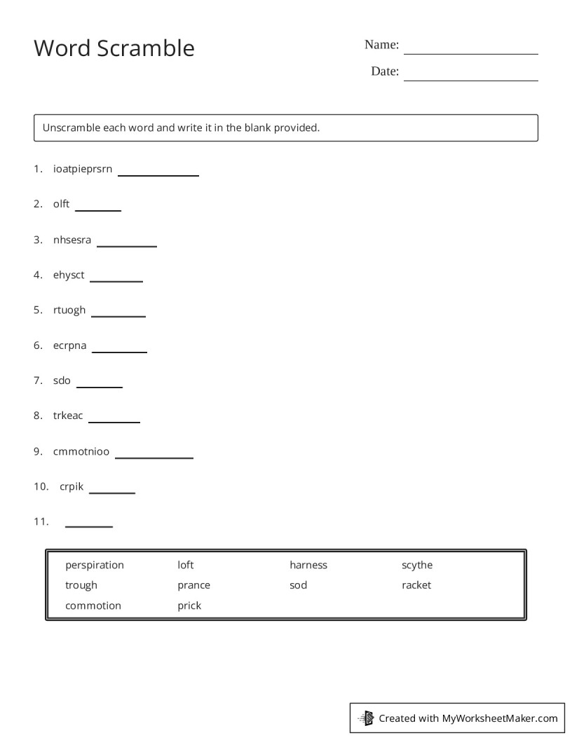 Word Scramble - My Worksheet Maker: Create Your Own Worksheets