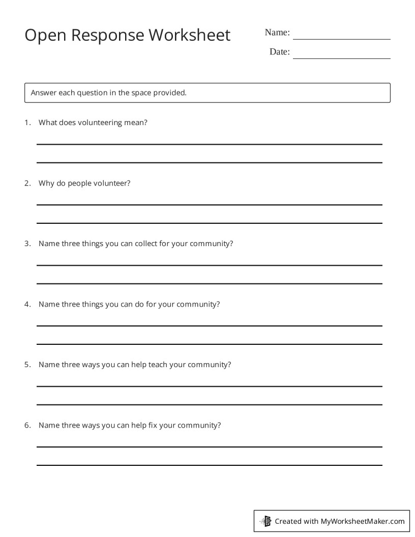 Open Response Worksheet - My Worksheet Maker: Create Your Own Worksheets