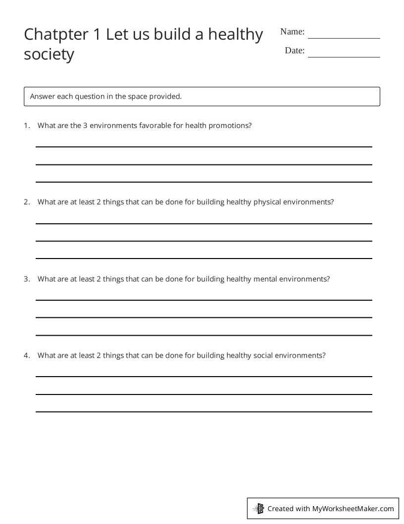 Chatpter 1 Let us build a healthy society - My Worksheet Maker: Create ...
