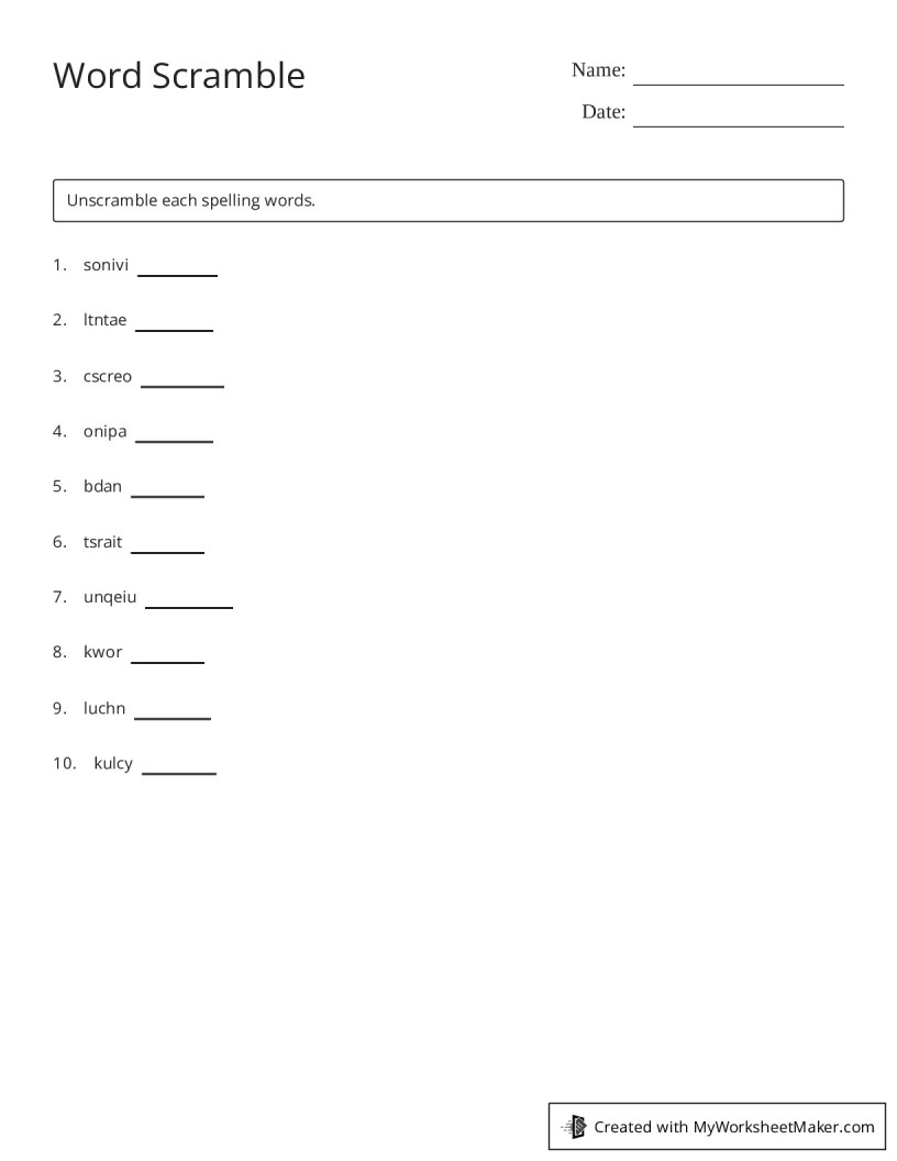 Word Scramble - My Worksheet Maker: Create Your Own Worksheets