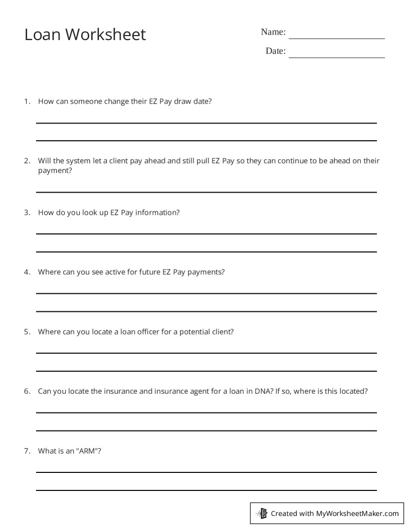 Loan Worksheet - My Worksheet Maker: Create Your Own Worksheets