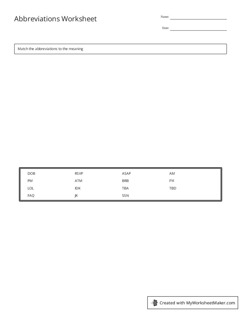 Abbreviations Worksheet - My Worksheet Maker: Create Your Own Worksheets