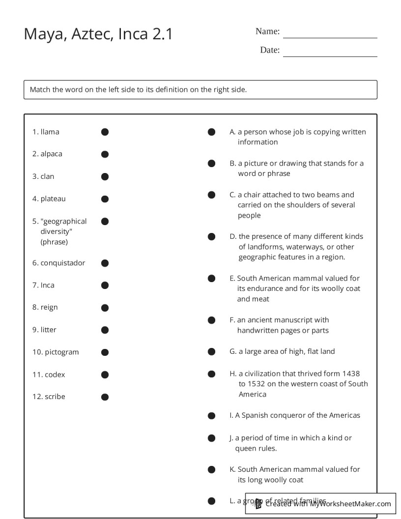Maya, Aztec, Inca 2.1 - My Worksheet Maker: Create Your Own Worksheets