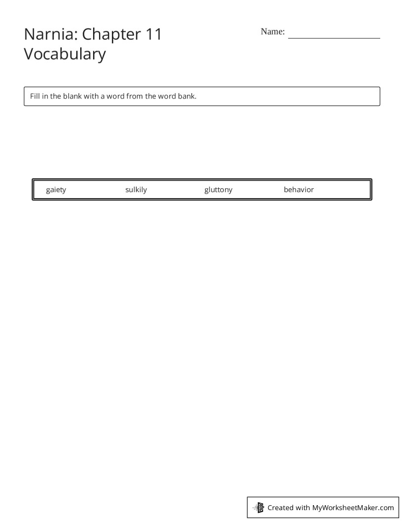 Narnia: Chapter 11 Vocabulary - My Worksheet Maker: Create Your Own ...