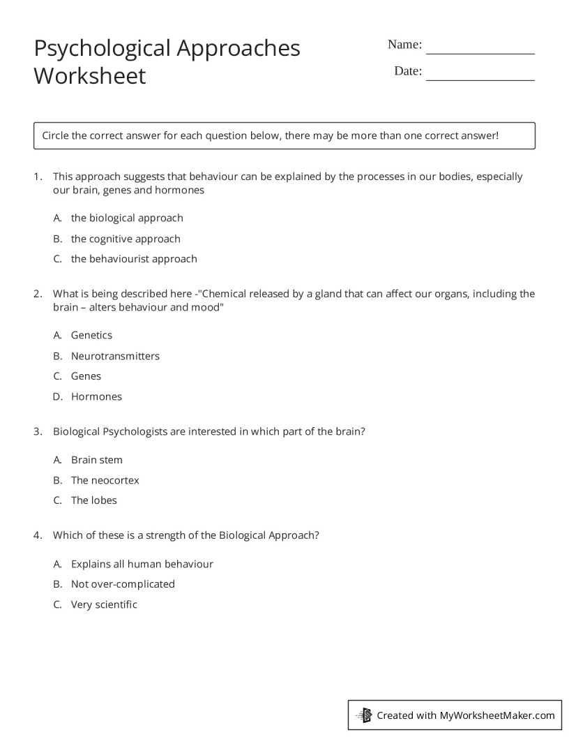 Psychological Approaches Worksheet - My Worksheet Maker: Create Your ...