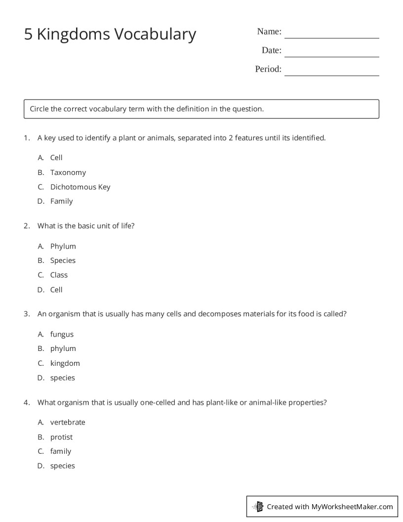 5 Kingdoms Vocabulary - My Worksheet Maker: Create Your Own Worksheets