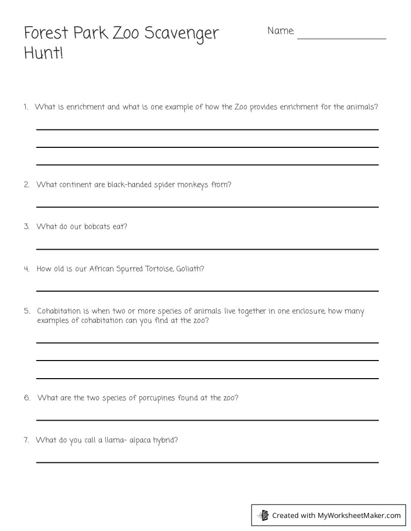 Forest Park Zoo Scavenger Hunt! - My Worksheet Maker: Create Your Own ...