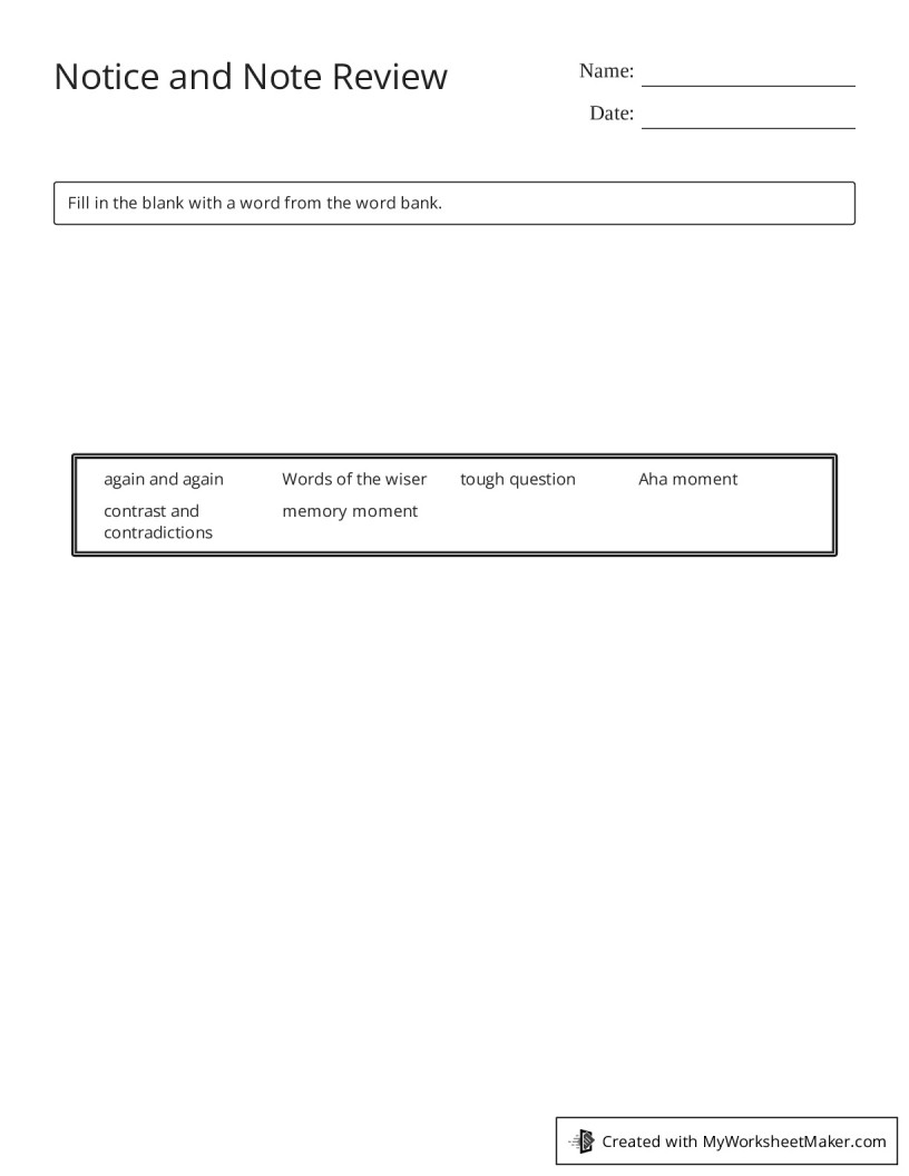 Notice and Note Review - My Worksheet Maker: Create Your Own Worksheets