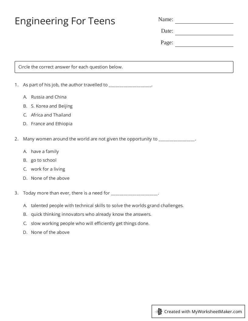 Engineering For Teens - My Worksheet Maker: Create Your Own Worksheets