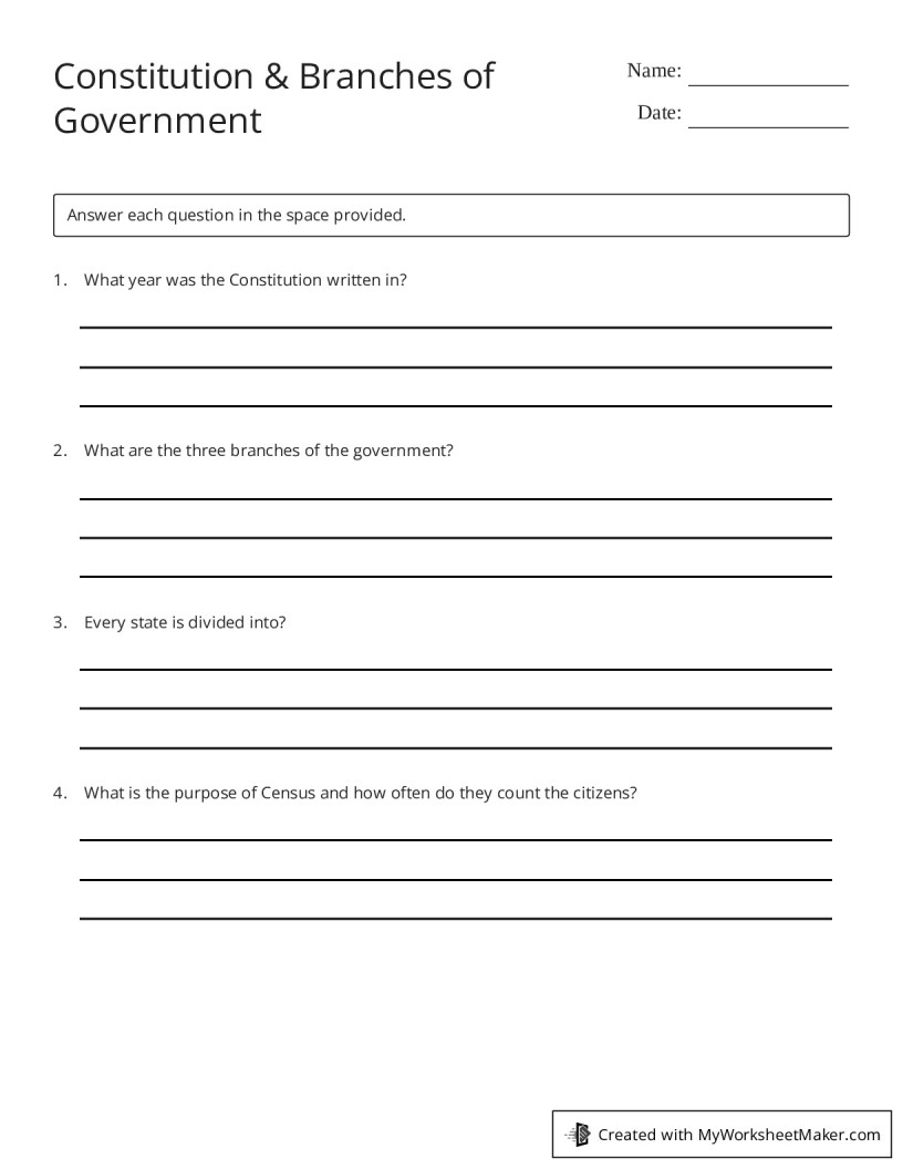 Constitution & Branches of Government - My Worksheet Maker: Create Your ...