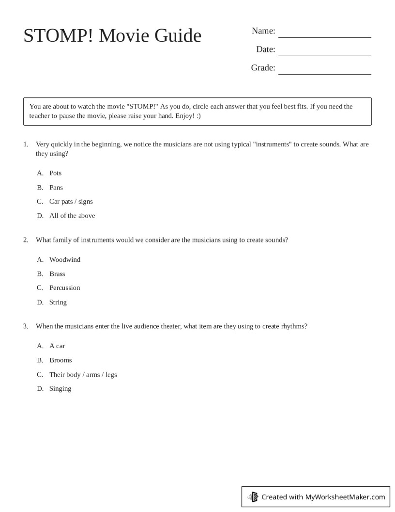 STOMP! Movie Guide - My Worksheet Maker: Create Your Own Worksheets