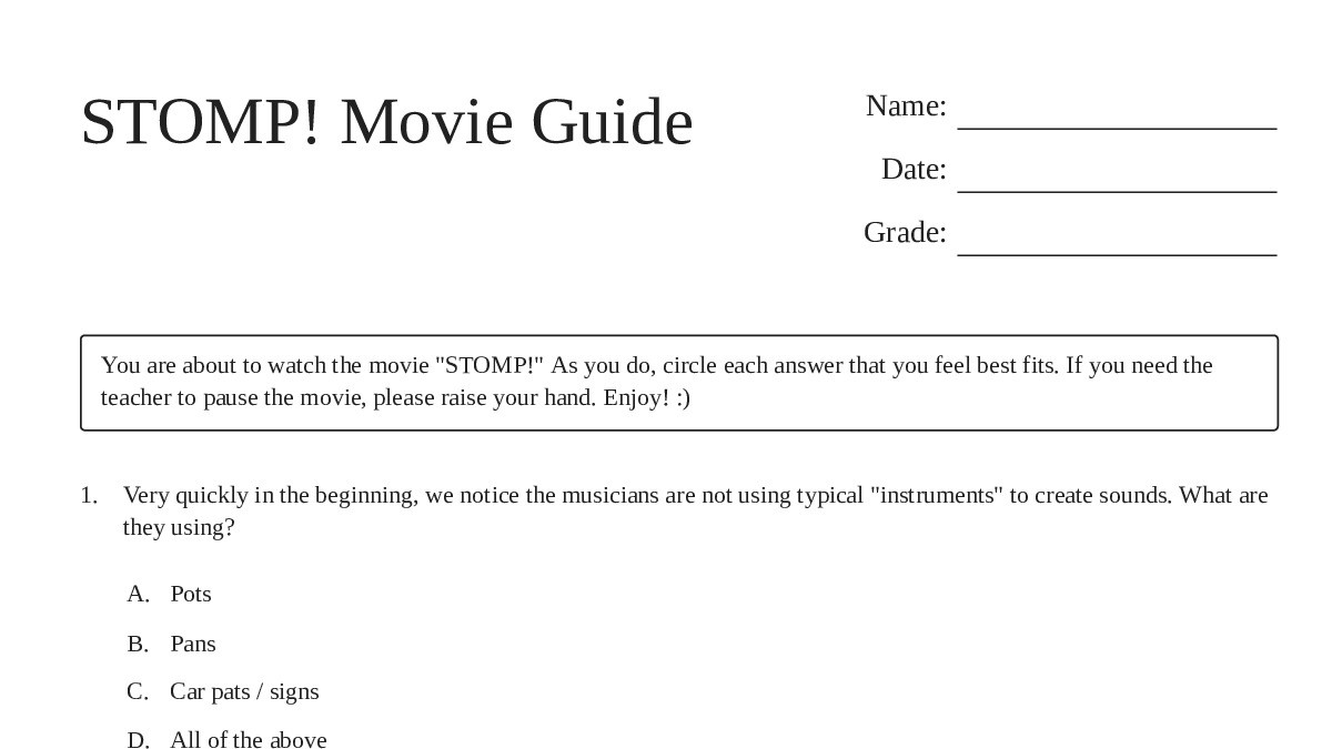 STOMP! Movie Guide - My Worksheet Maker: Create Your Own Worksheets
