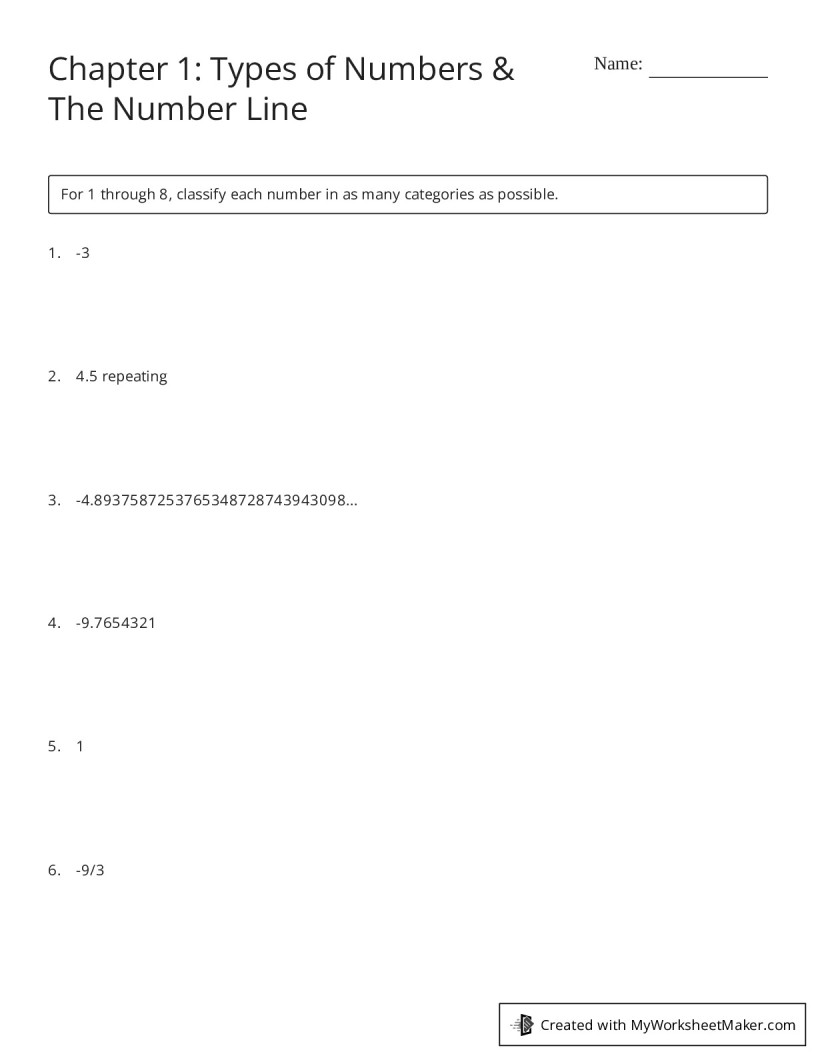 Chapter 1: Types of Numbers & The Number Line - My Worksheet Maker ...