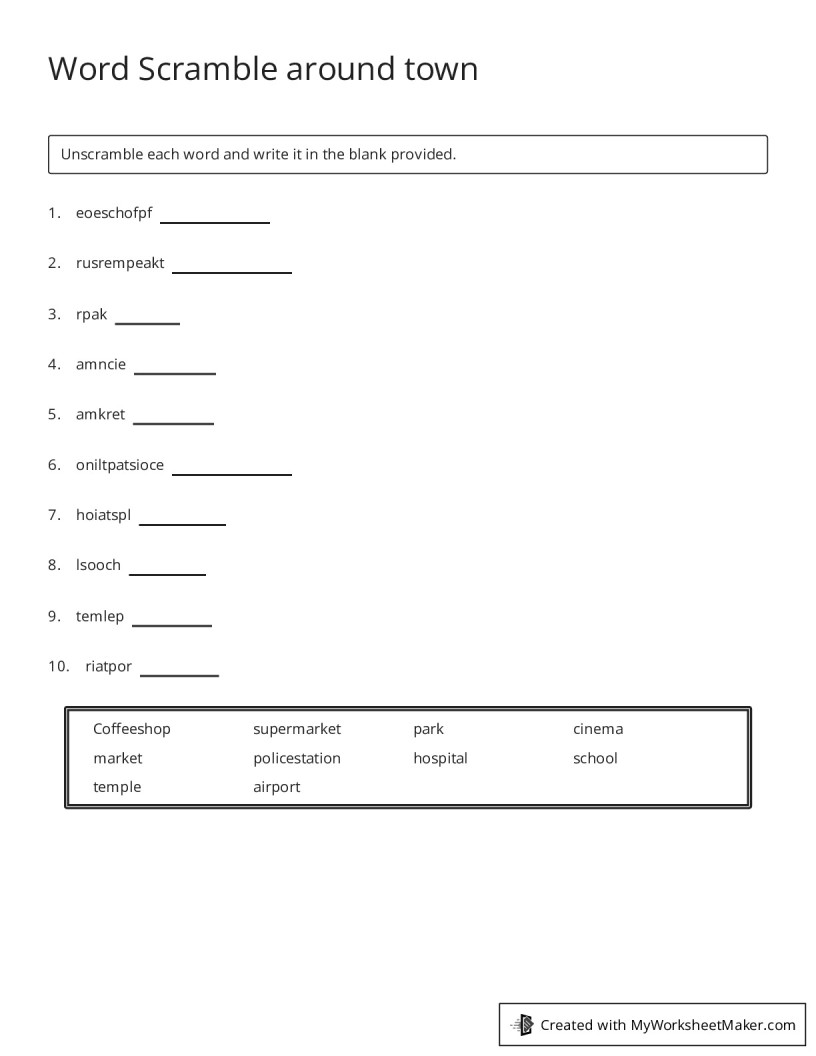 Word Scramble around town - My Worksheet Maker: Create Your Own Worksheets