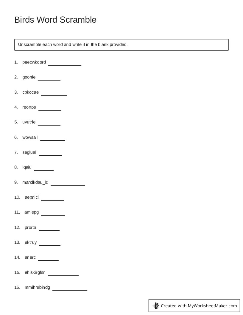 Birds Word Scramble - My Worksheet Maker: Create Your Own Worksheets