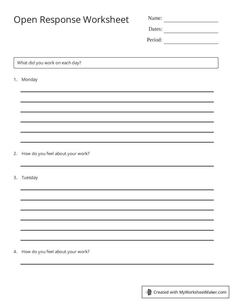 Open Response Worksheet - My Worksheet Maker: Create Your Own Worksheets