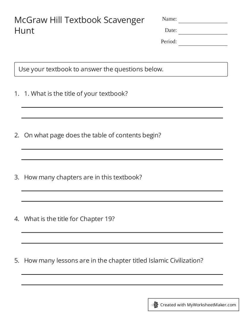 McGraw Hill Textbook Scavenger Hunt - My Worksheet Maker: Create Your ...