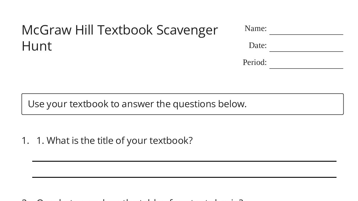 McGraw Hill Textbook Scavenger Hunt - My Worksheet Maker: Create Your ...