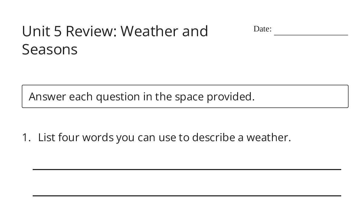 Unit 5 Review: Weather and Seasons - My Worksheet Maker: Create Your ...
