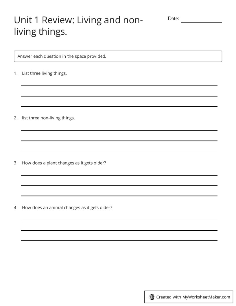 Unit 1 Review: Living and non-living things. - My Worksheet Maker ...