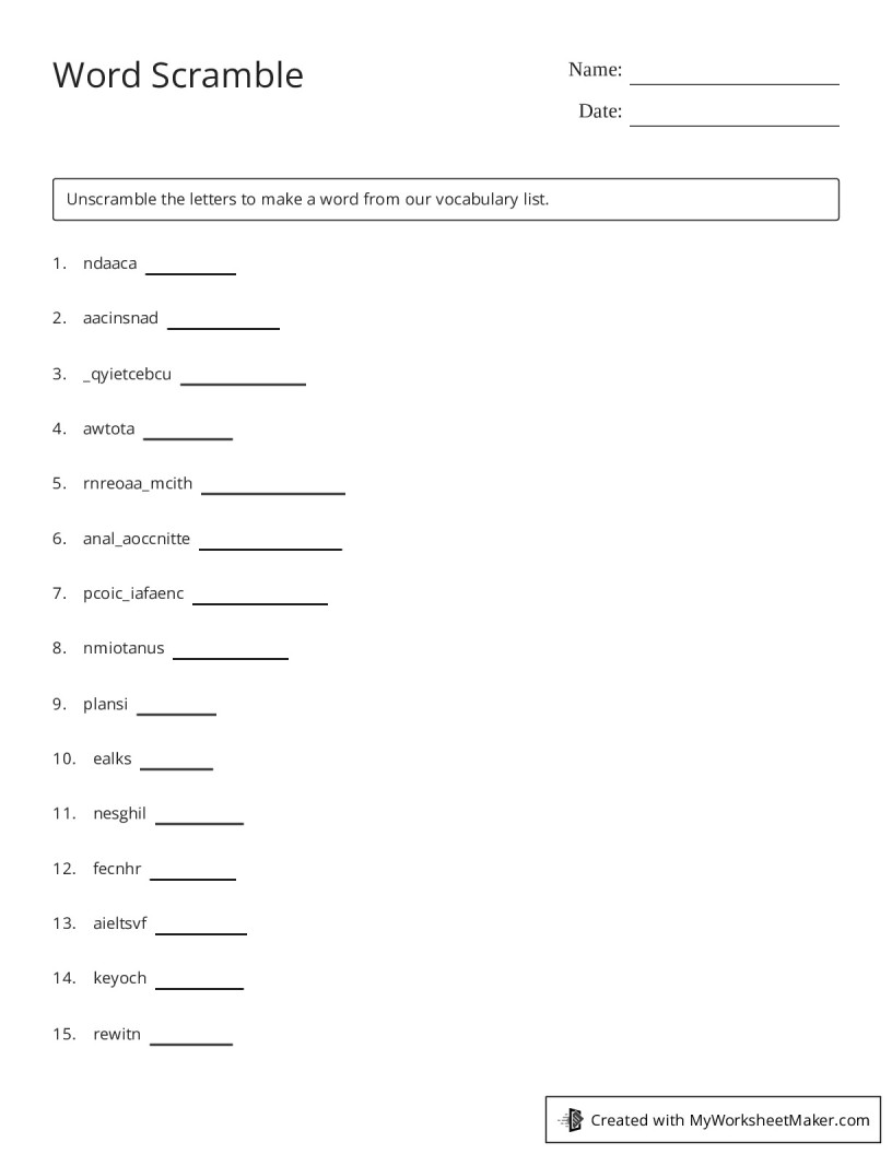 Word Scramble - My Worksheet Maker: Create Your Own Worksheets