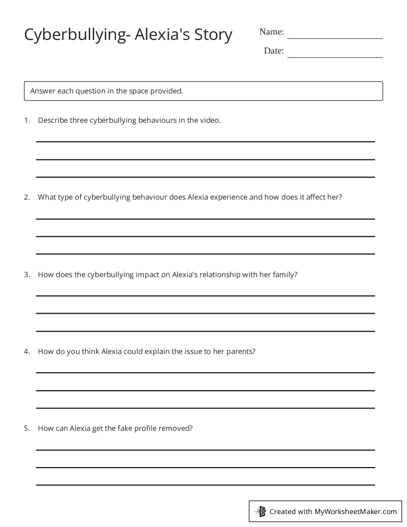 Cyberbullying- Alexia's Story - My Worksheet Maker: Create Your Own ...