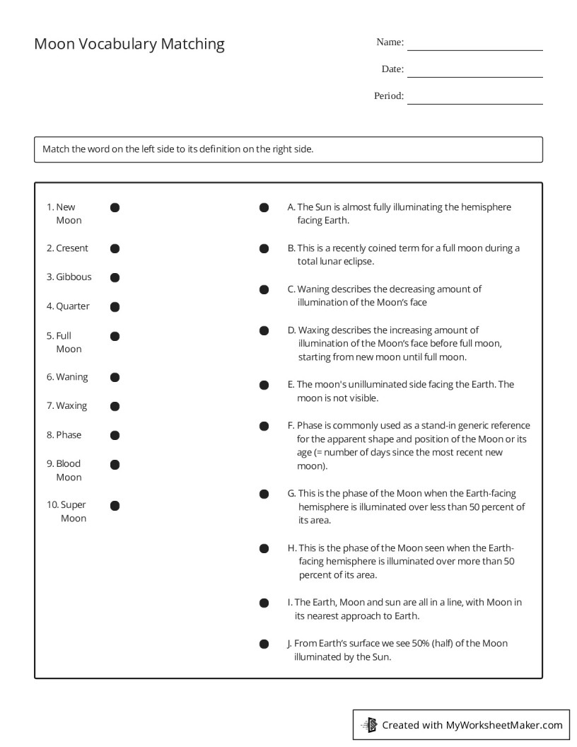 Moon Vocabulary Matching - My Worksheet Maker: Create Your Own Worksheets