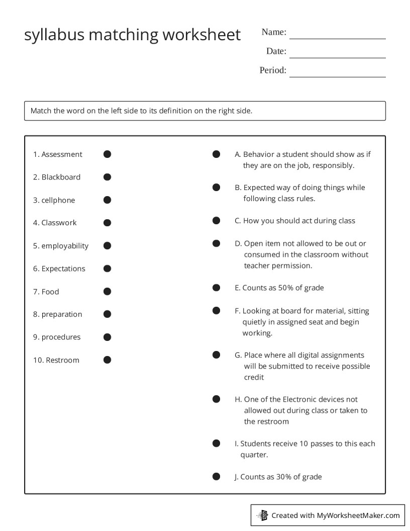 syllabus matching worksheet - My Worksheet Maker: Create Your Own ...