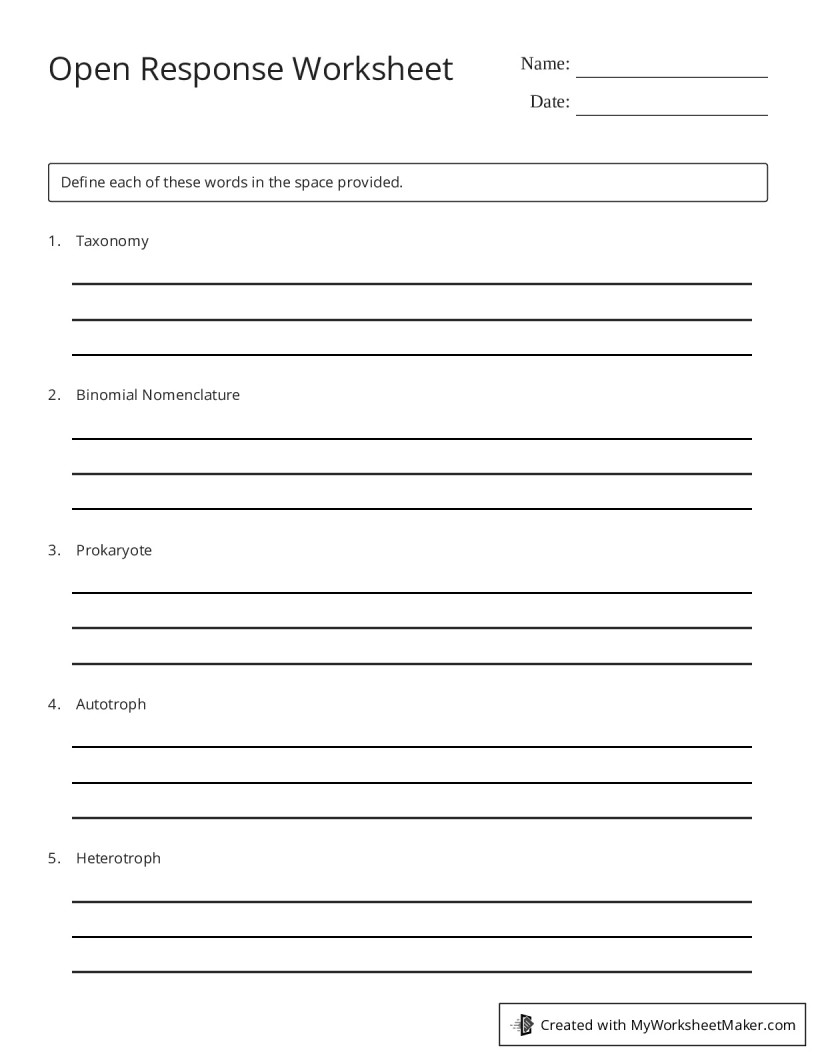 Open Response Worksheet - My Worksheet Maker: Create Your Own Worksheets