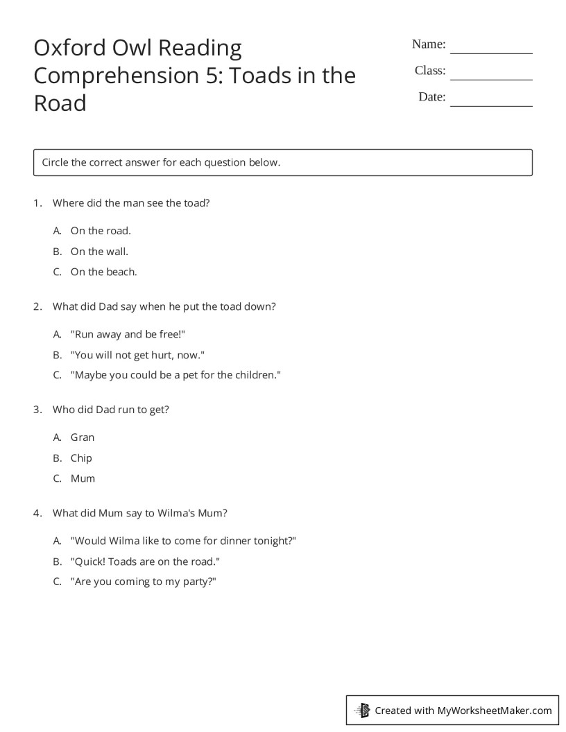 Oxford Owl Reading Comprehension 5: Toads in the Road - My Worksheet ...