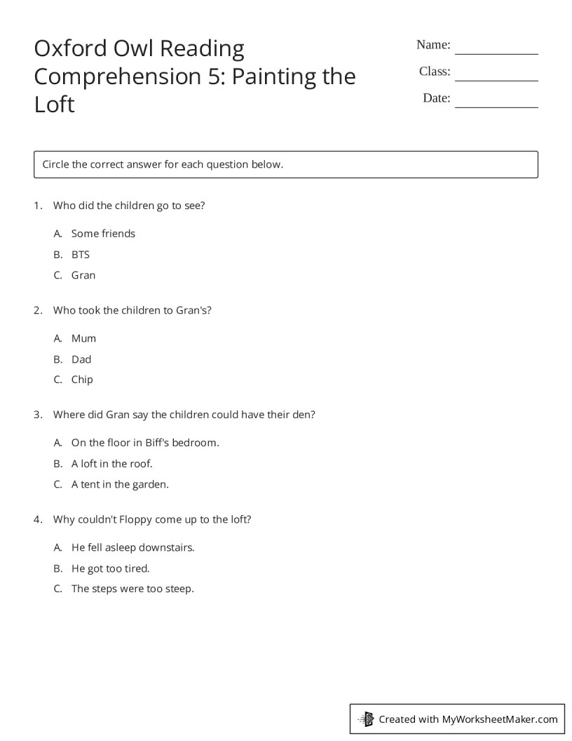 Oxford Owl Reading Comprehension 5: Painting the Loft - My Worksheet ...