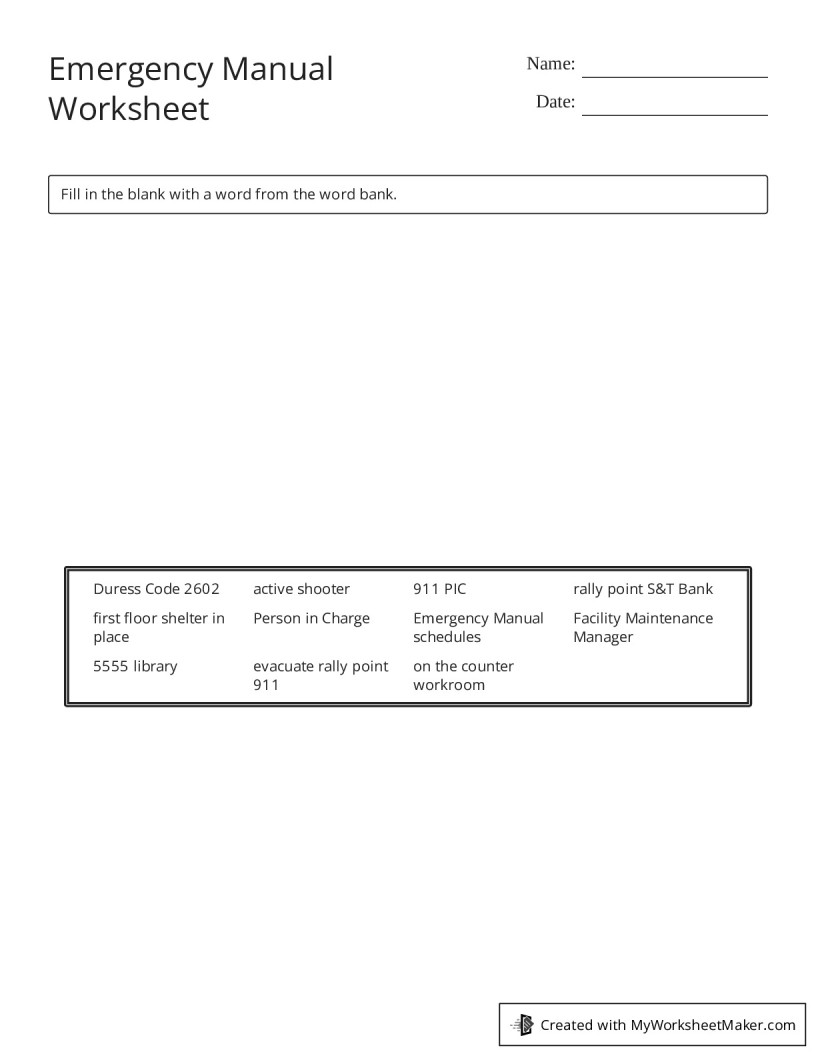 Emergency Manual Worksheet - My Worksheet Maker: Create Your Own Worksheets