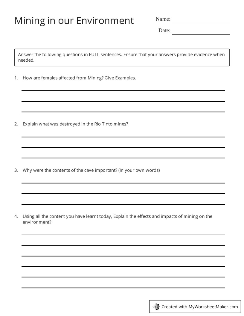 Mining in our Environment - My Worksheet Maker: Create Your Own Worksheets