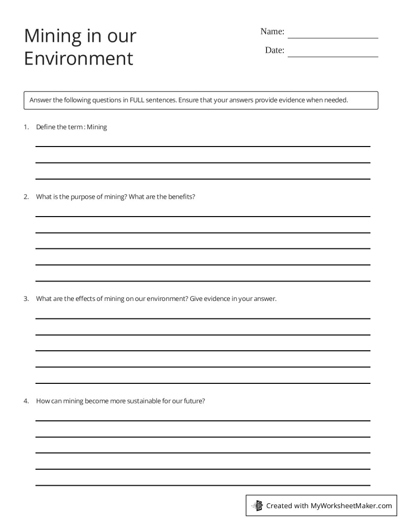 Mining in our Environment - My Worksheet Maker: Create Your Own Worksheets