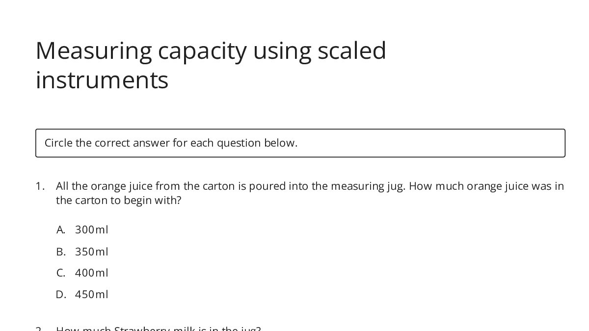 Measuring capacity using scaled instruments - My Worksheet Maker ...