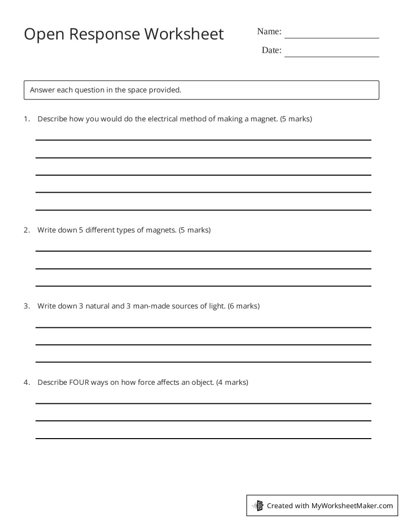 Open Response Worksheet - My Worksheet Maker: Create Your Own Worksheets