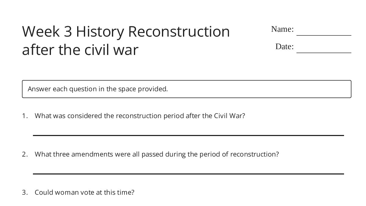 Week 3 History Reconstruction after the civil war - My Worksheet Maker ...