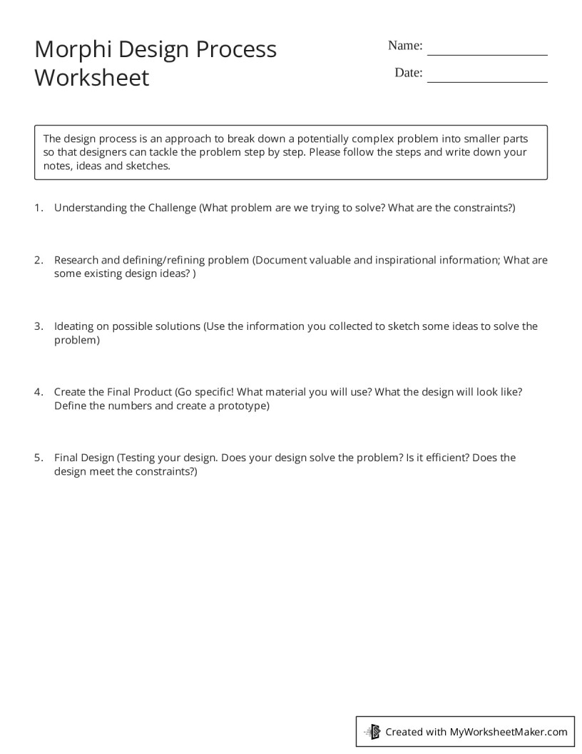 Morphi Design Process Worksheet - My Worksheet Maker: Create Your Own ...