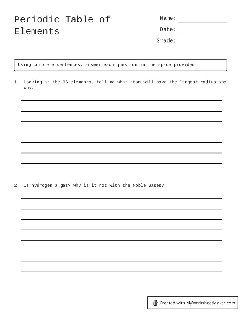 Periodic Table of Elements - My Worksheet Maker: Create Your Own Worksheets