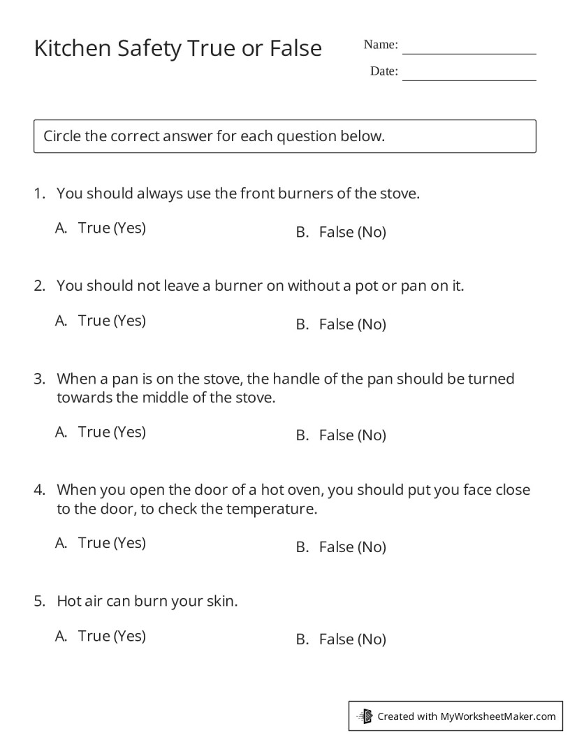 Safety In The Kitchen Worksheet