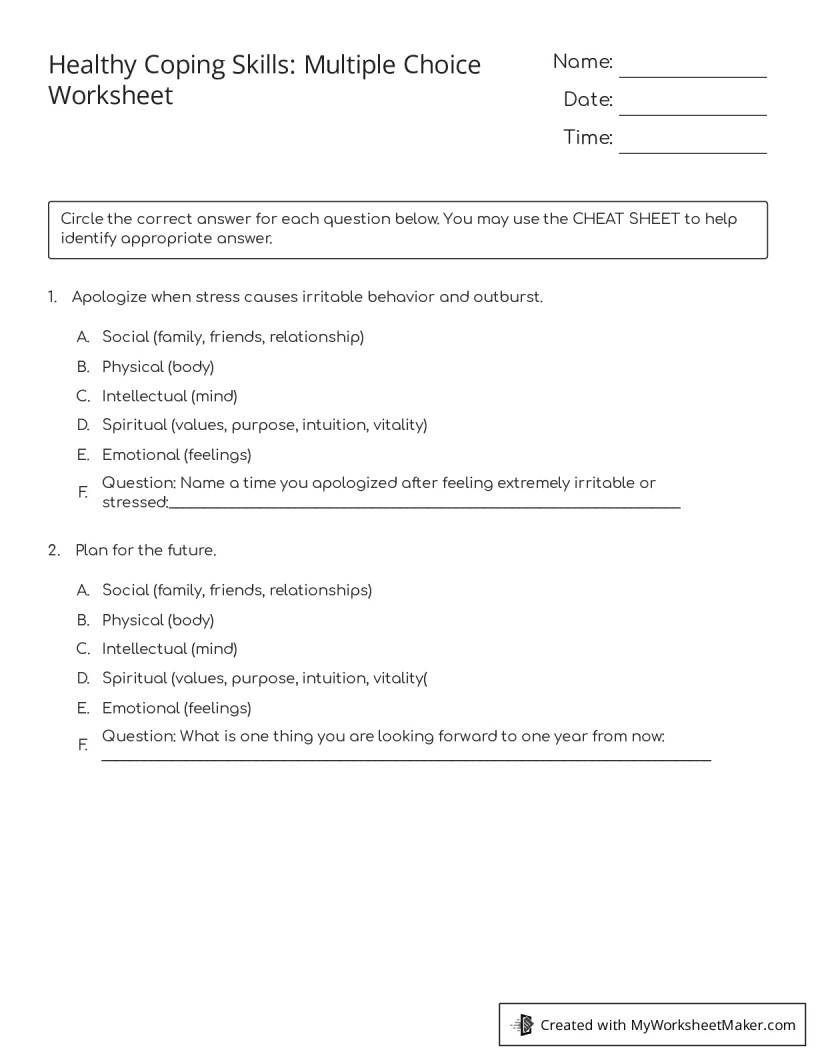Healthy Coping Skills: Multiple Choice Worksheet - My Worksheet Maker ...