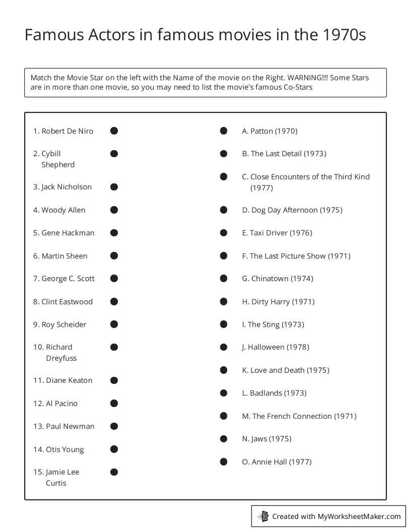 Famous Actors in famous movies in the 1970s - My Worksheet Maker ...