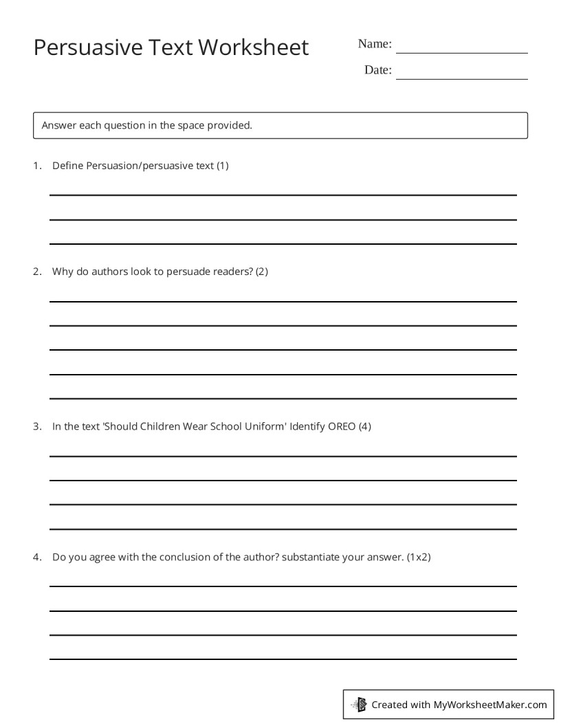 Persuasive Text Worksheet - My Worksheet Maker: Create Your Own Worksheets