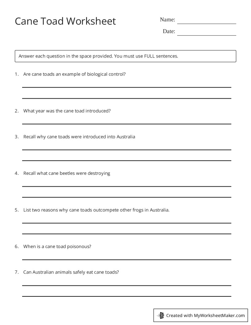 Cane Toad Worksheet - My Worksheet Maker: Create Your Own Worksheets