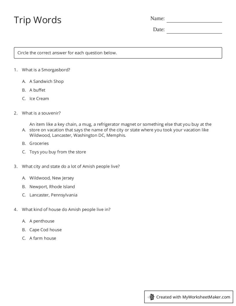 Trip Words - My Worksheet Maker: Create Your Own Worksheets