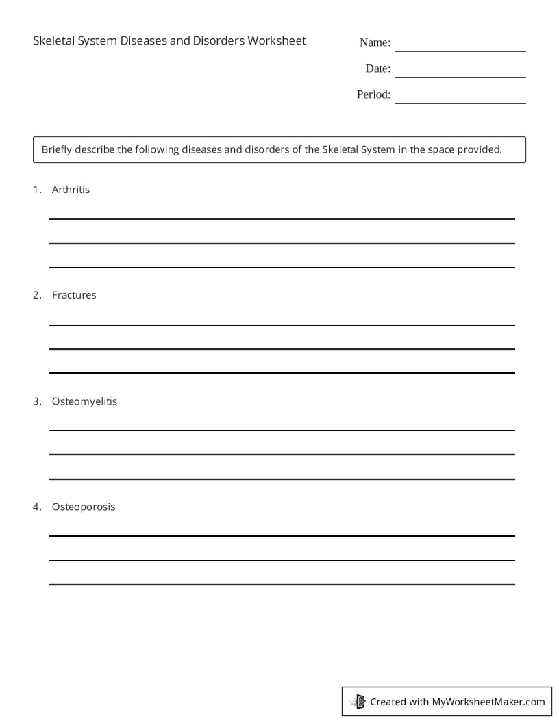 Skeletal System Diseases and Disorders Worksheet - My Worksheet Maker ...