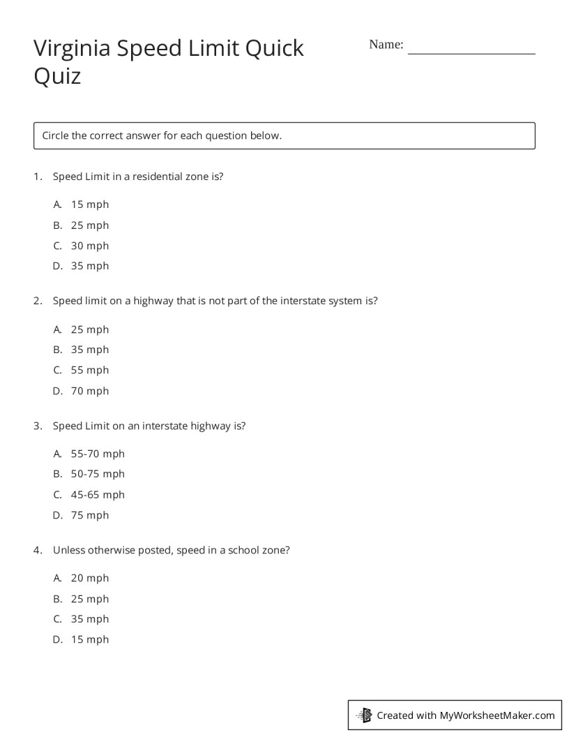 Virginia Speed Limit Quick Quiz - My Worksheet Maker: Create Your Own ...