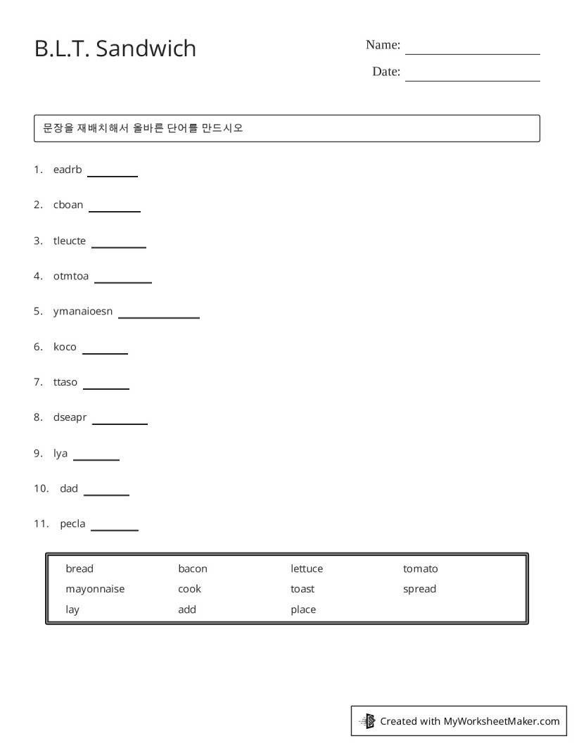 B.L.T. Sandwich - My Worksheet Maker: Create Your Own Worksheets