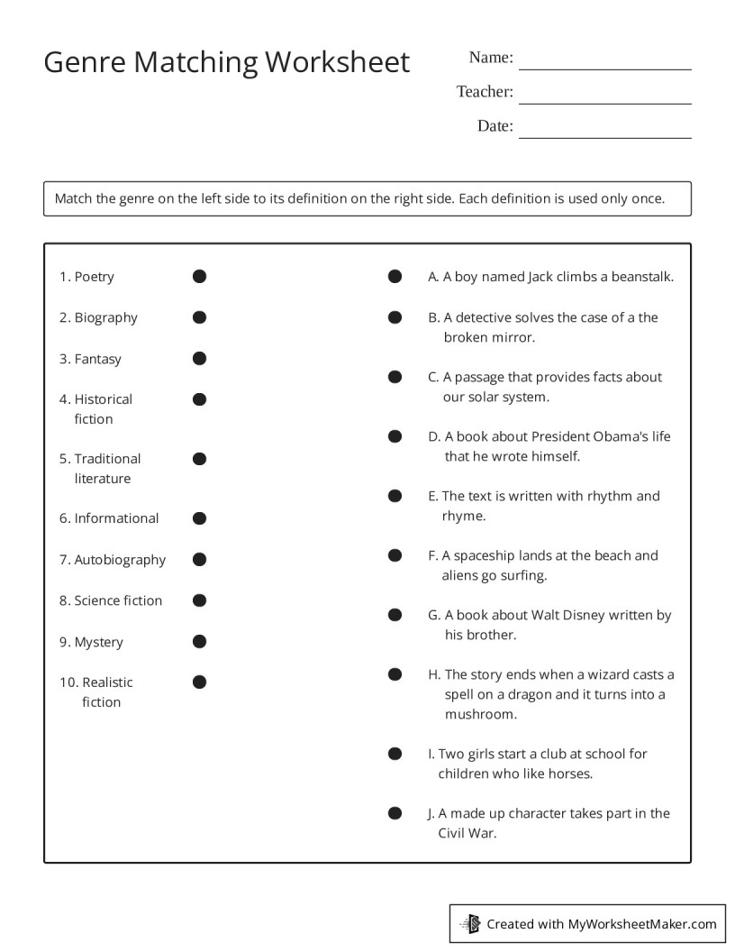 Genre Matching Worksheet - My Worksheet Maker: Create Your Own Worksheets